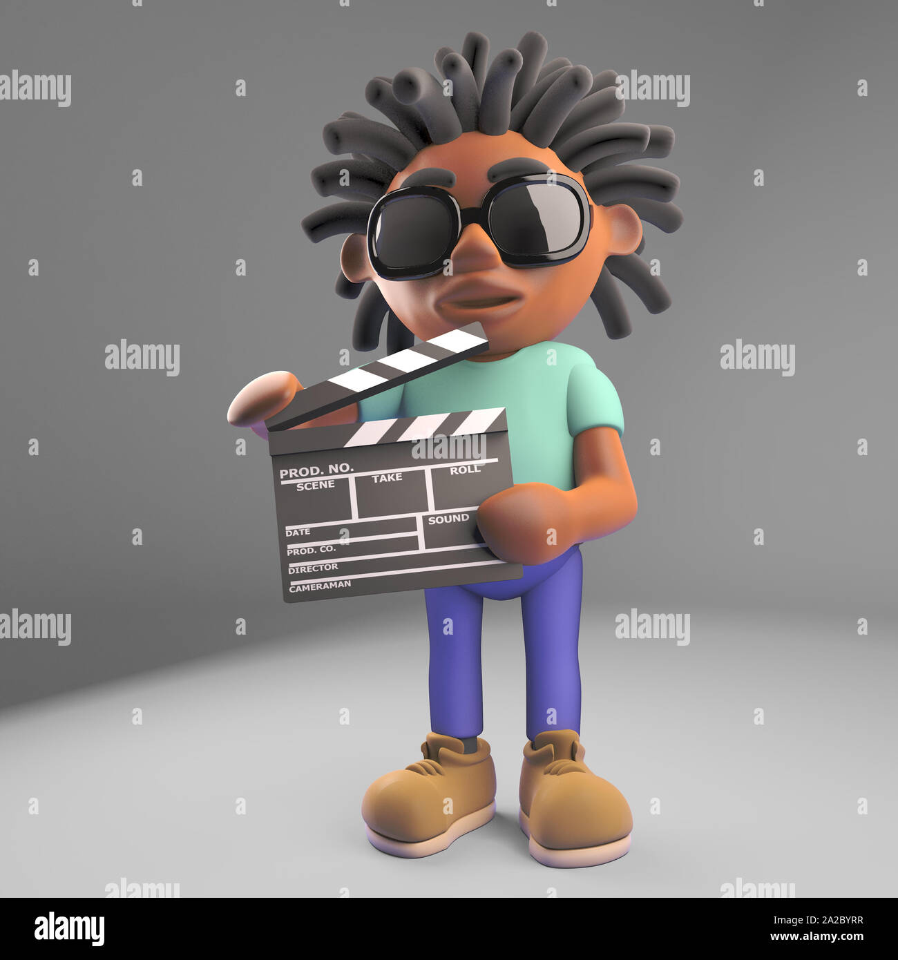 Film director black man with dreadlocks holding a film slate, 3d ...