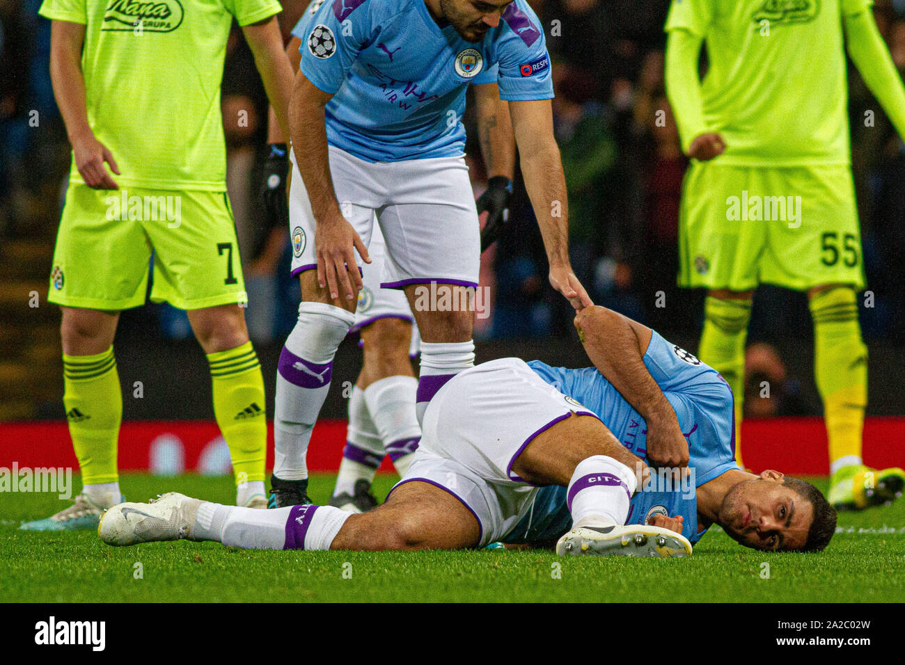 Manchester, UK. 01st Oct, 2019. Rodrigo (Manchester City) goes down ...