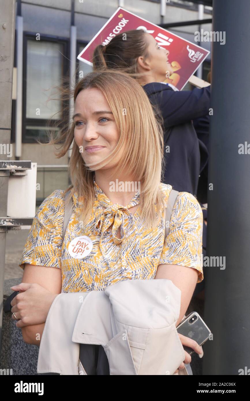 London, UK. 2nd Oct, 2019. Thomas Cook employees demonstrate outside ...