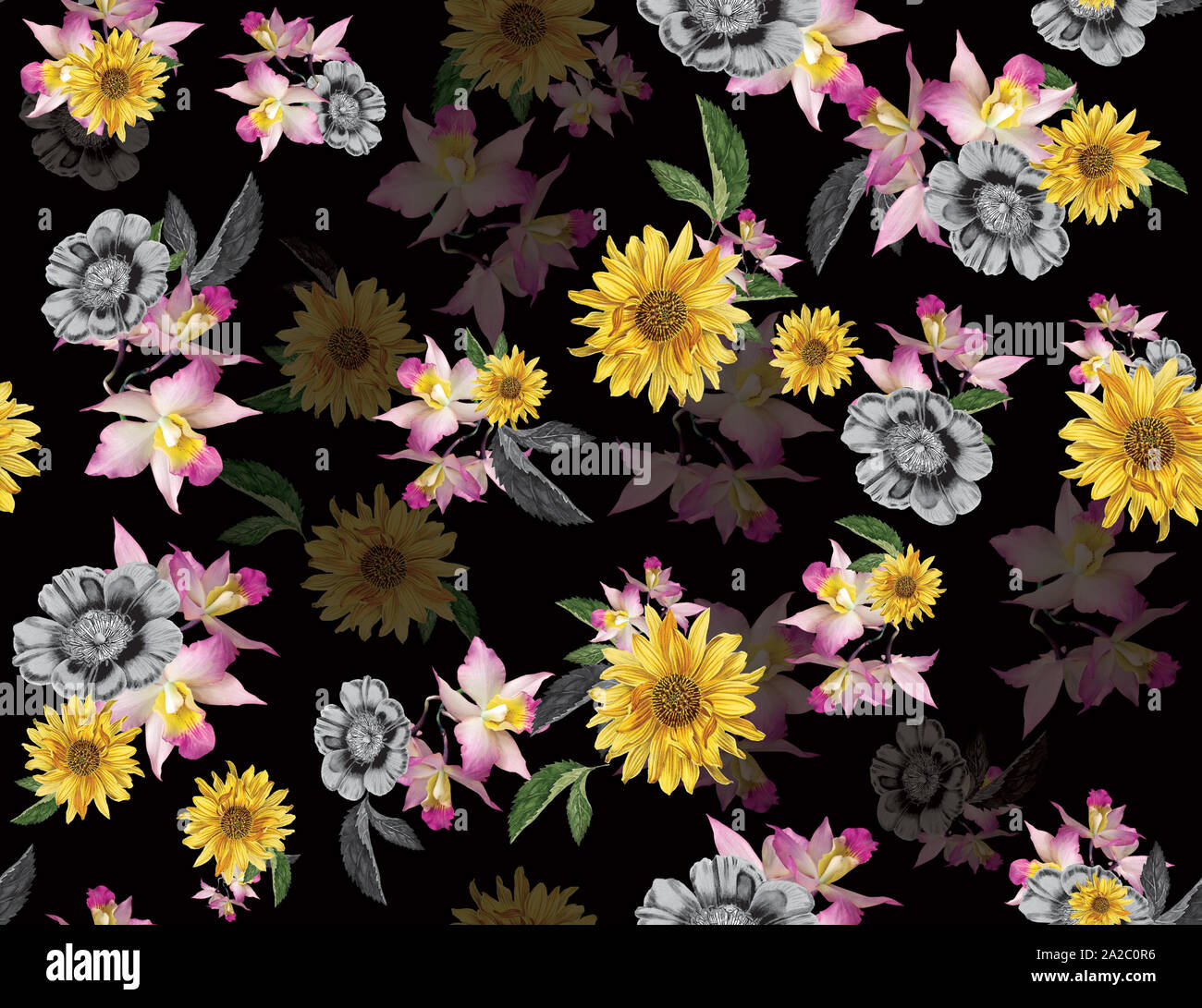 Seamless colored flowers for textile; Retro style floral arrangement ...