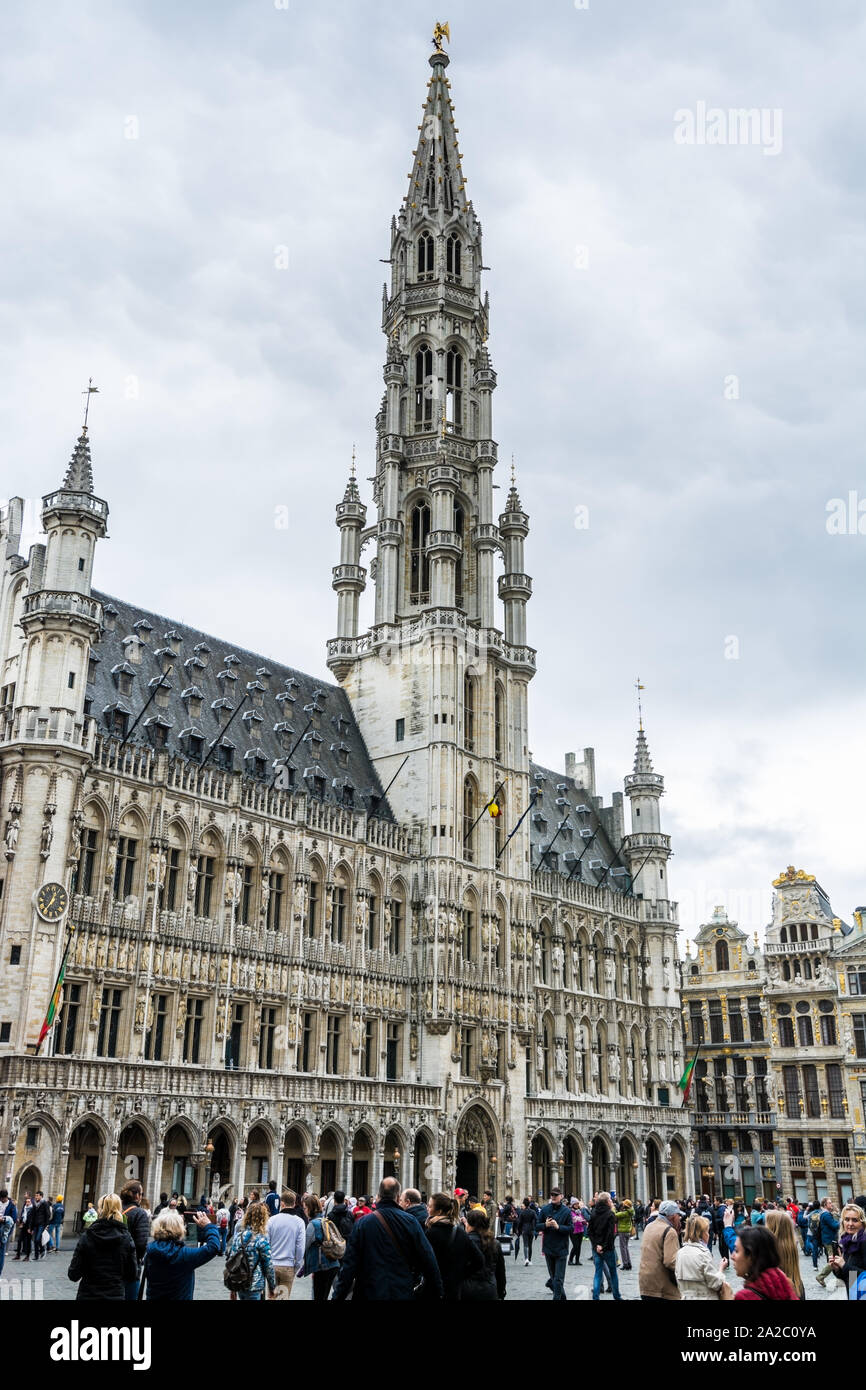 Gothic architecture of the main building of the City hall of Brussels ...