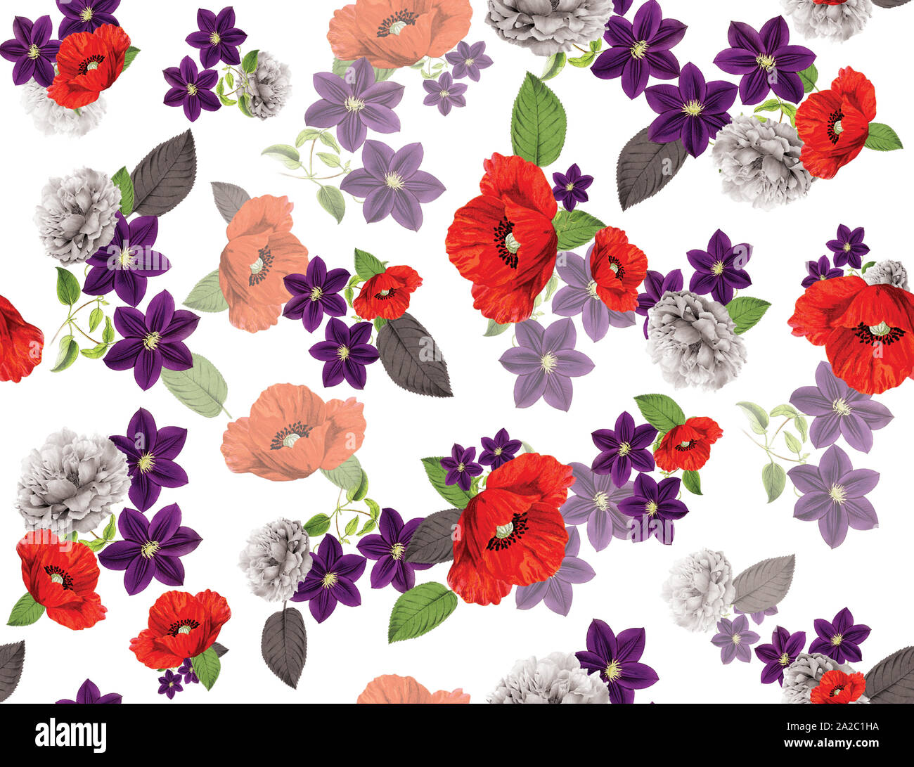 Seamless colored flowers for textile; Retro style floral arrangement ...