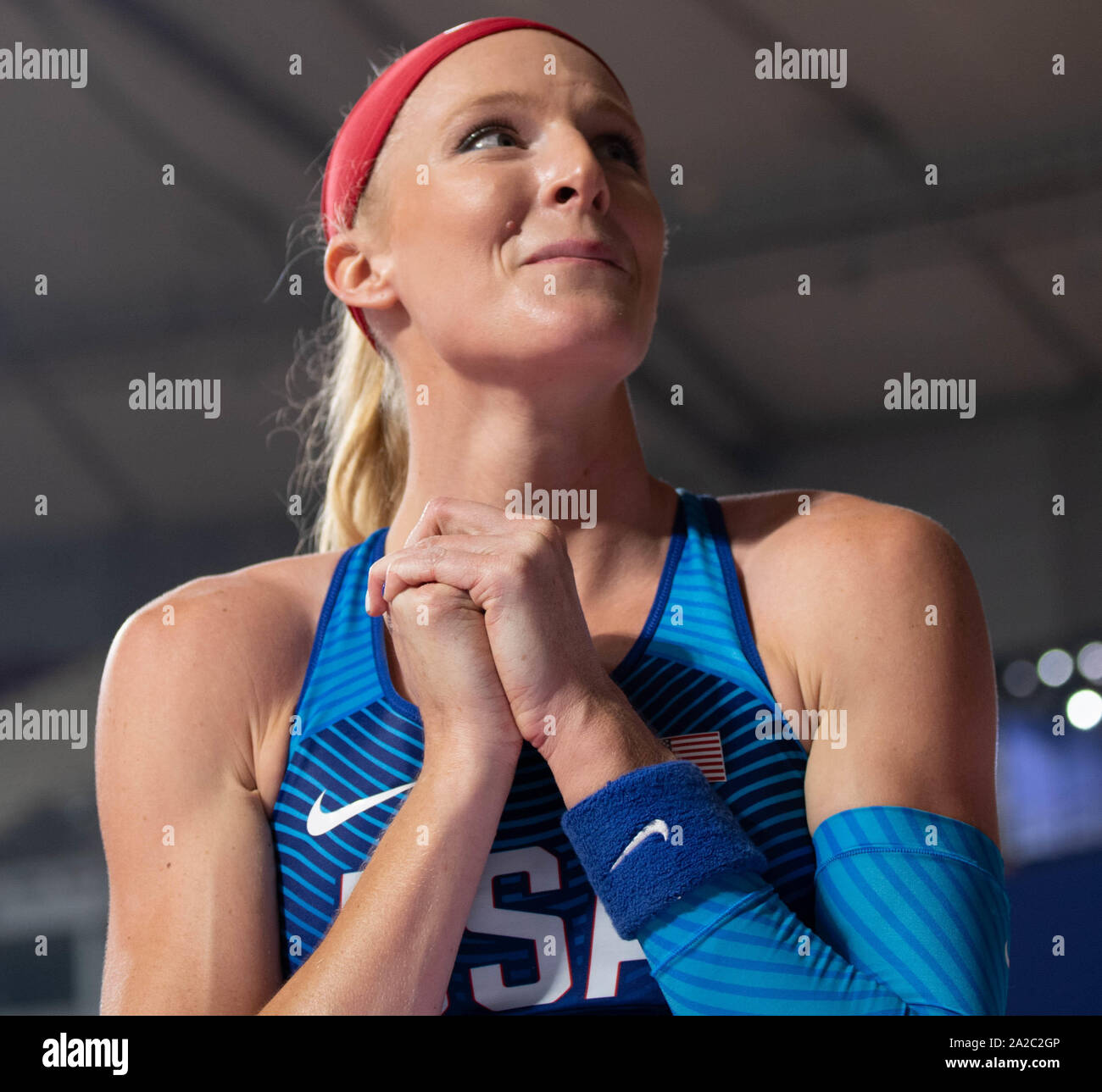 Sandi Morris (USA) (S) speaks to her coach during the Pole Vault ...