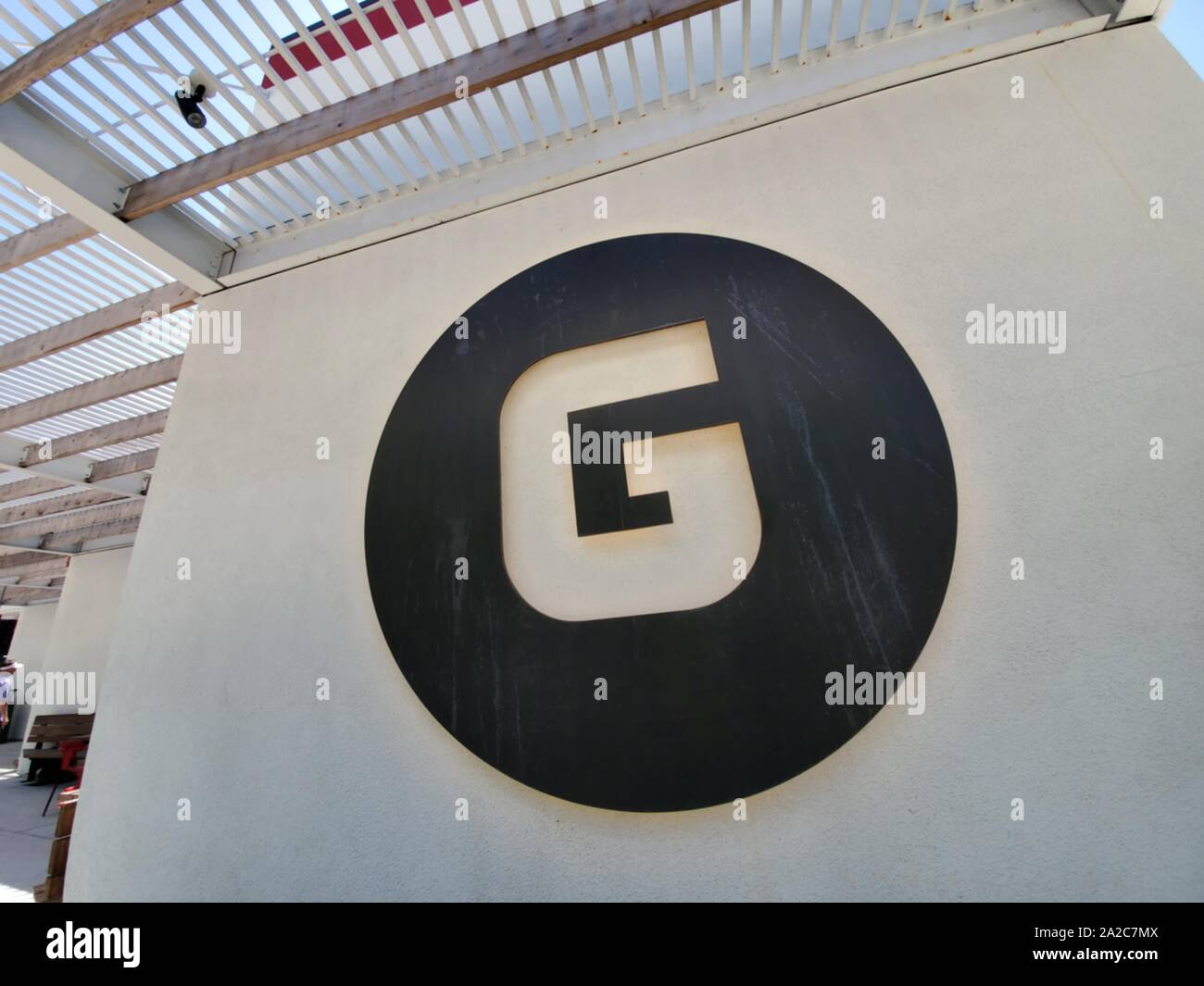 Wide angle view of sign with logo for Gotts Roadside restaurant in ...