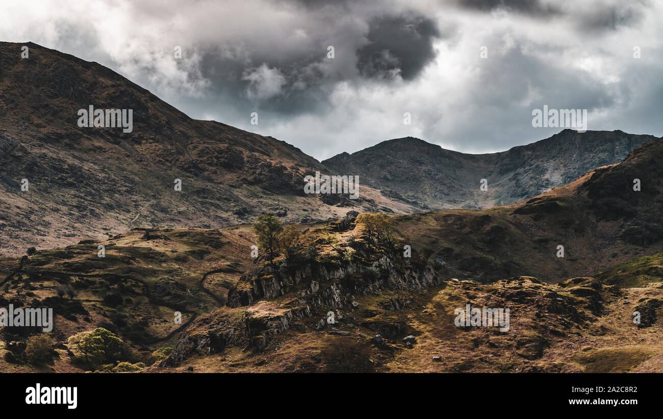 Aerial view looking over hills and fens towards mountains in the Lake ...