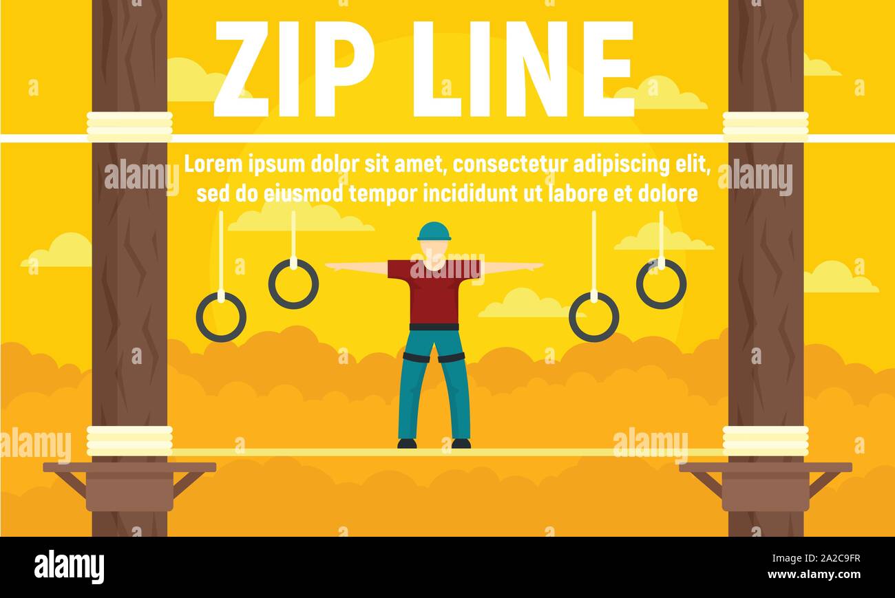 Forest zip line concept banner. Flat illustration of forest zip line ...