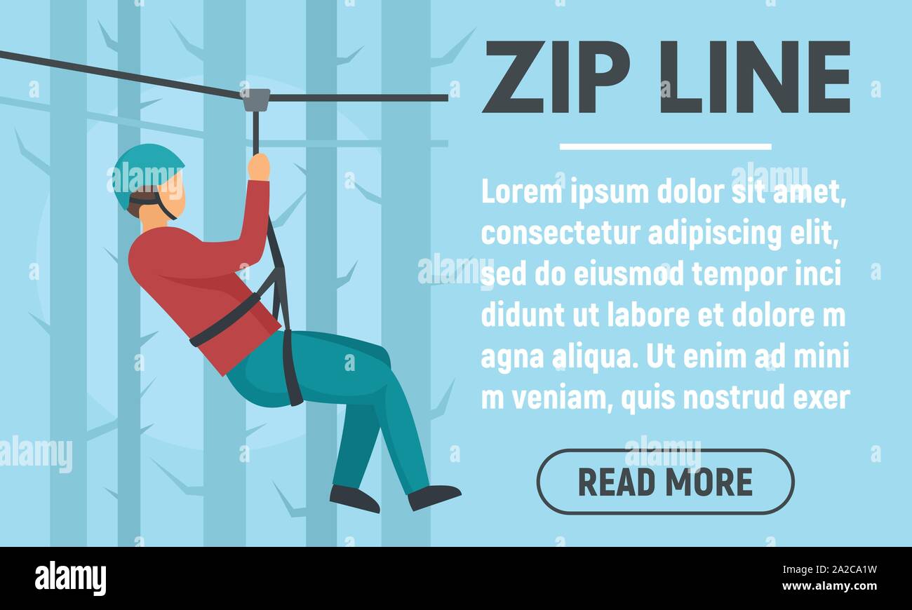 Forest zip line concept banner. Flat illustration of forest zip line ...