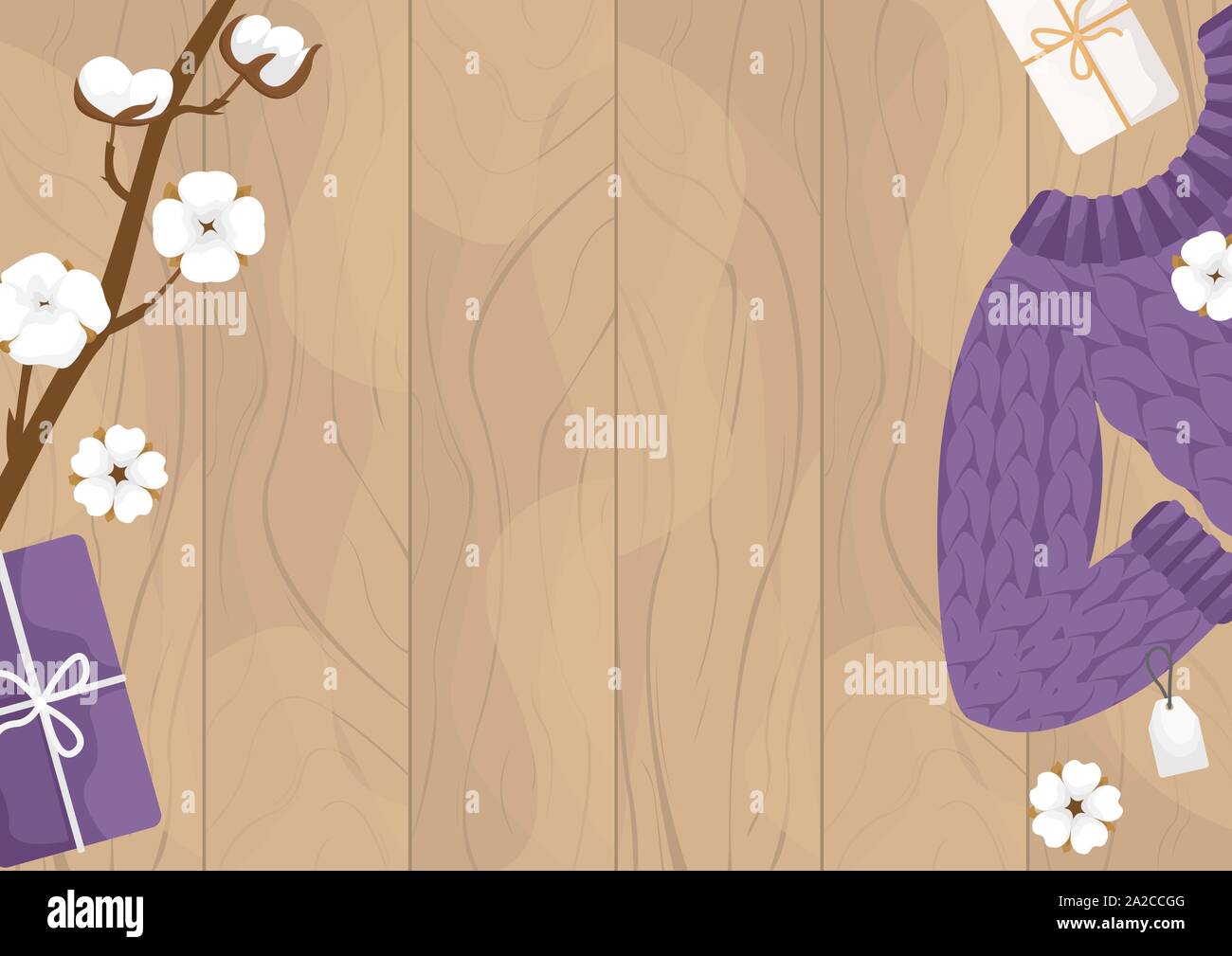 Flat lay wool sweater, branch and cotton flowers on wooden background ...