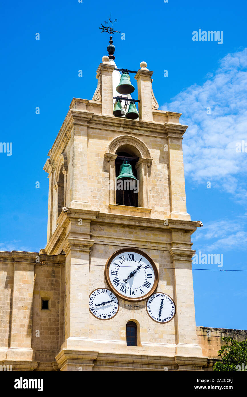 Clock and Bell Tower, St. Johns Co Cathedral, Valletta, Malta stock ...