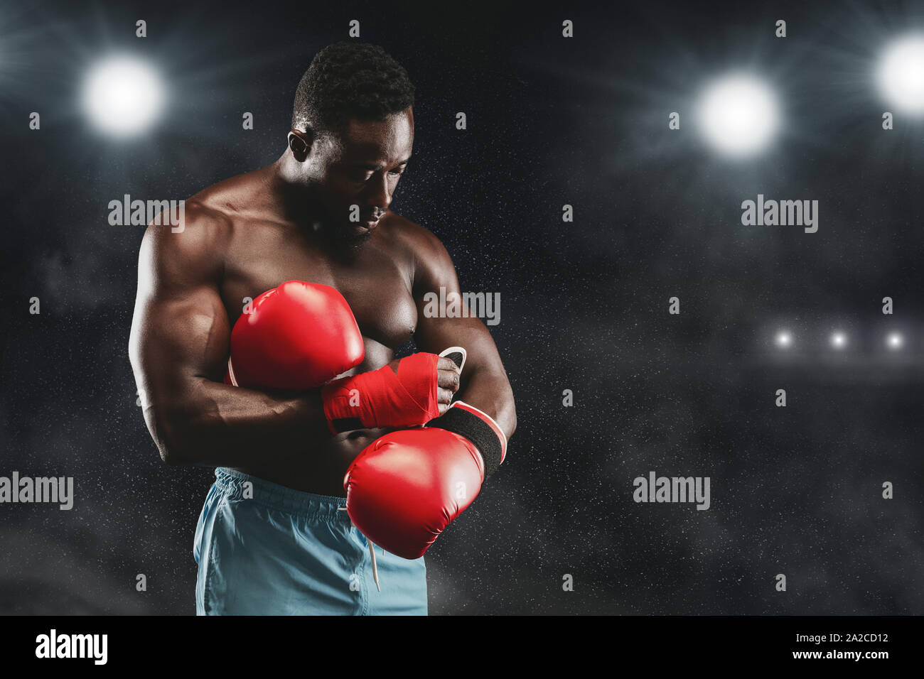 Professional boxer staying on boxing ring, wearing red gloves Stock ...
