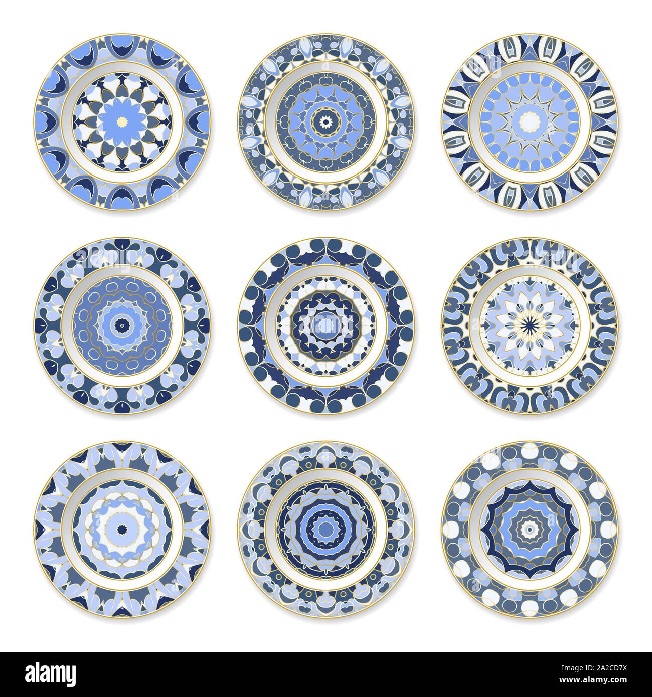 Set of nine decorative plates with a circular colored pattern, top view ...