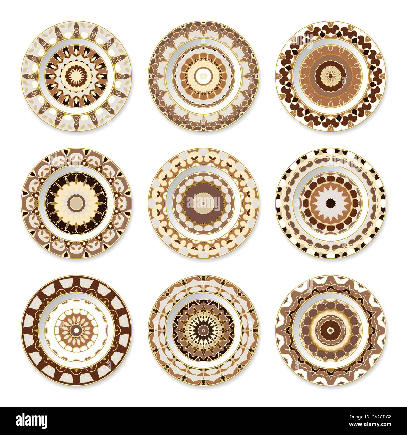 Set of nine decorative plates with a circular colored pattern, top view ...