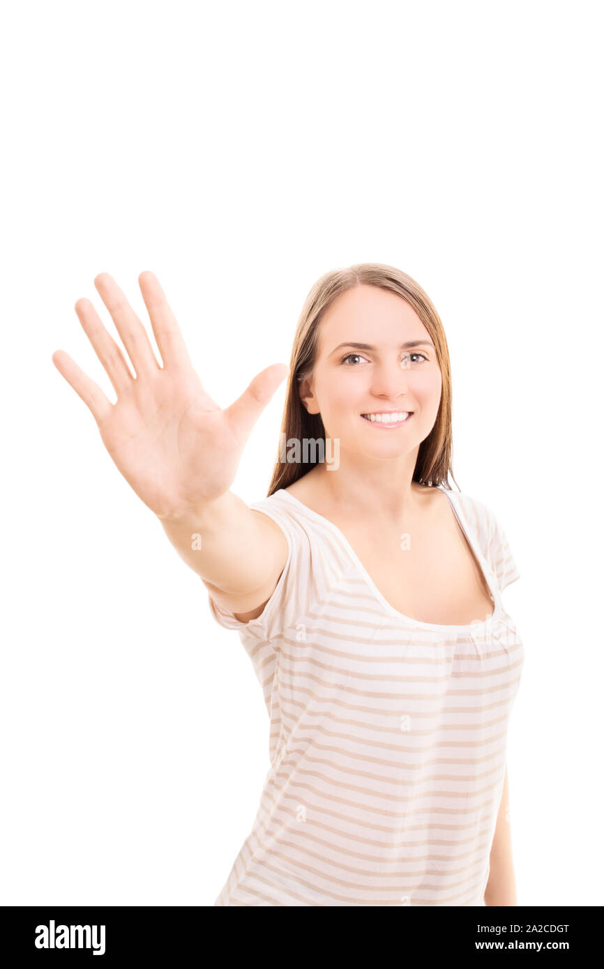 Beautiful smiling young girl holding her hand up making a high five ...