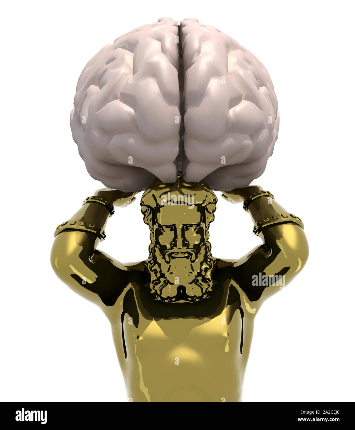 Atlante golden statue with big brain organ instead earth, 3d ...