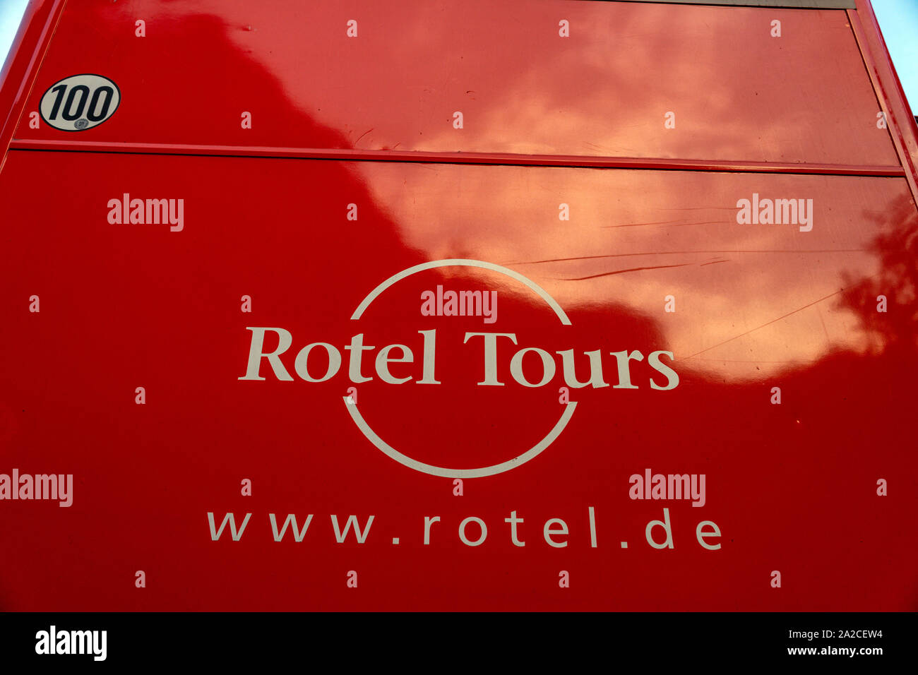 Huge red Mercedes bus, Rotel Tours, in the Italian Dolomites, Canazei ...