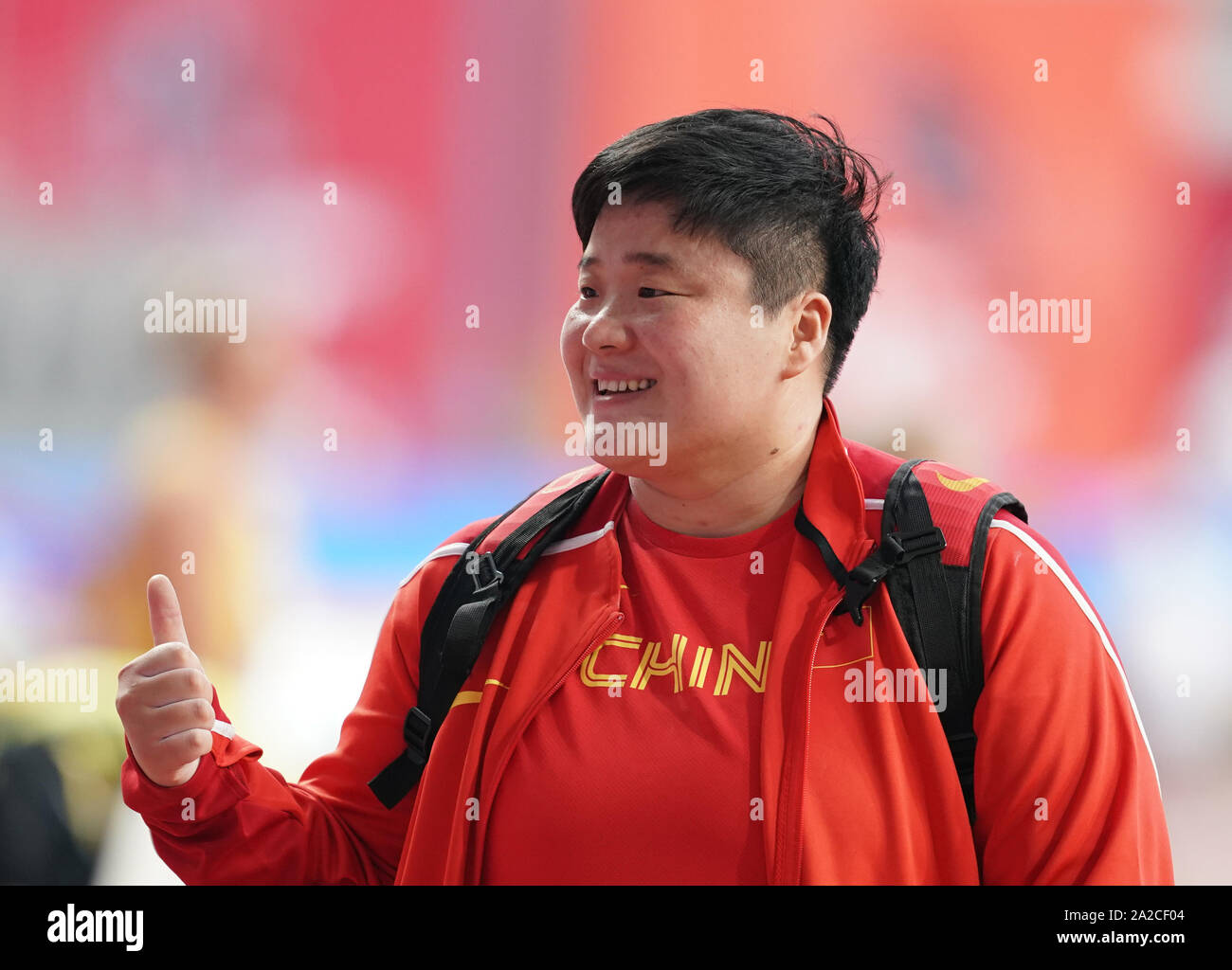 Doha, Qatar. 2nd Oct, 2019. Gong Lijiao of China reacts after the women ...