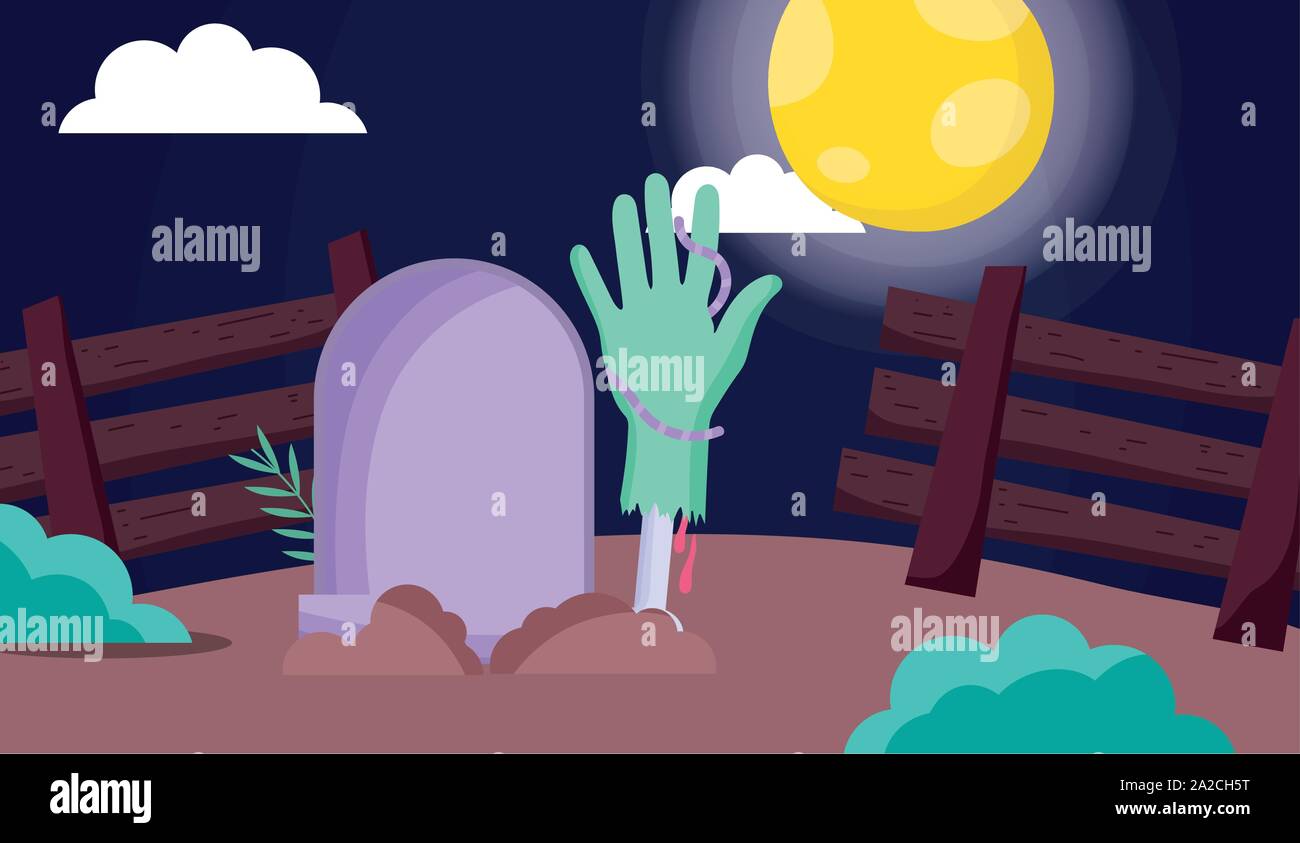hand zombie with worm cemetery tombstone trick or treat - happy halloween vector illustration ...