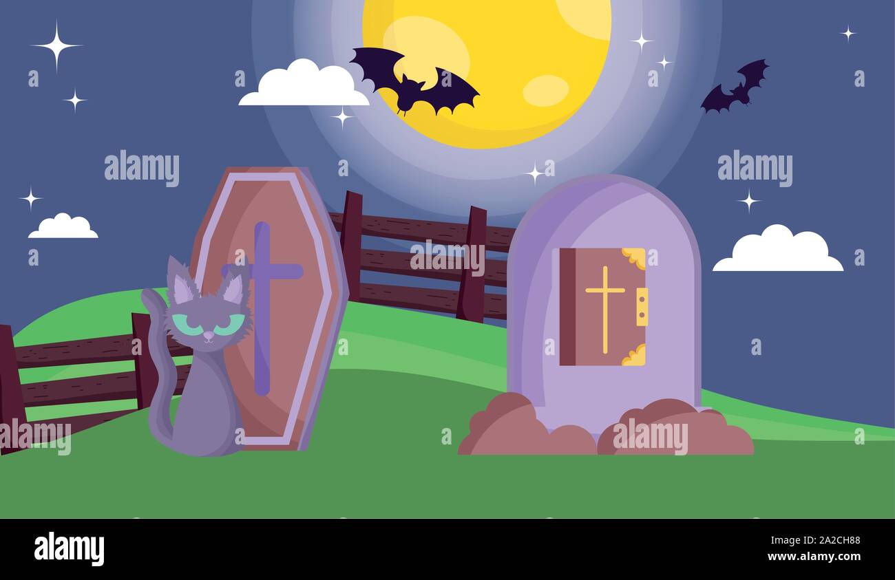 cemetery gravestones bats night moon trick or treat - happy halloween ...