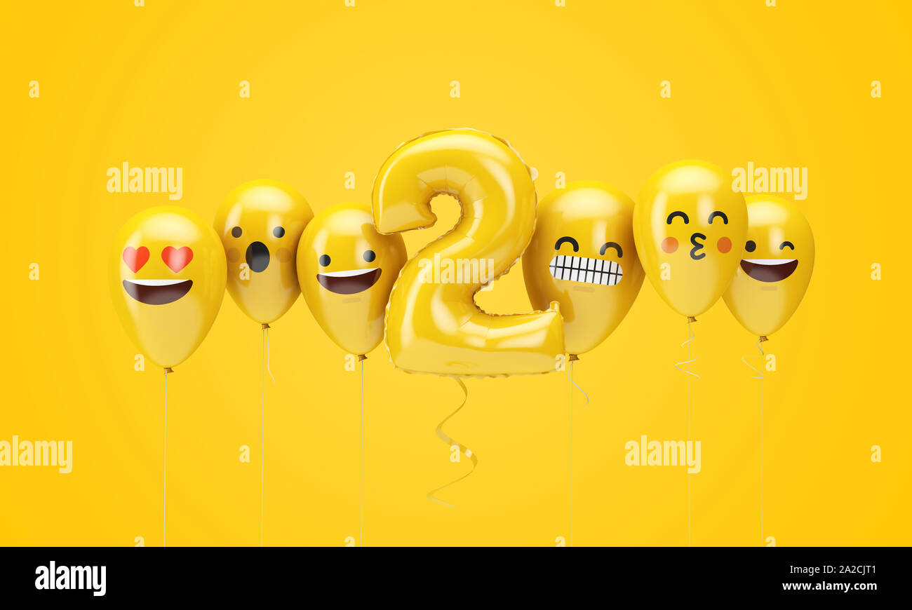 Number 2 yellow birthday emoji faces balloons. 3D Render Stock Photo ...