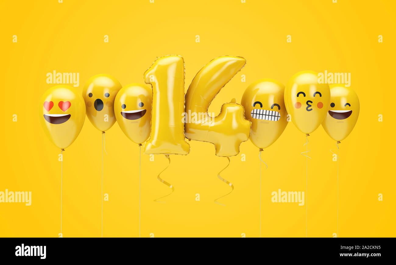 Number 14 yellow birthday emoji faces balloons. 3D Render Stock Photo ...