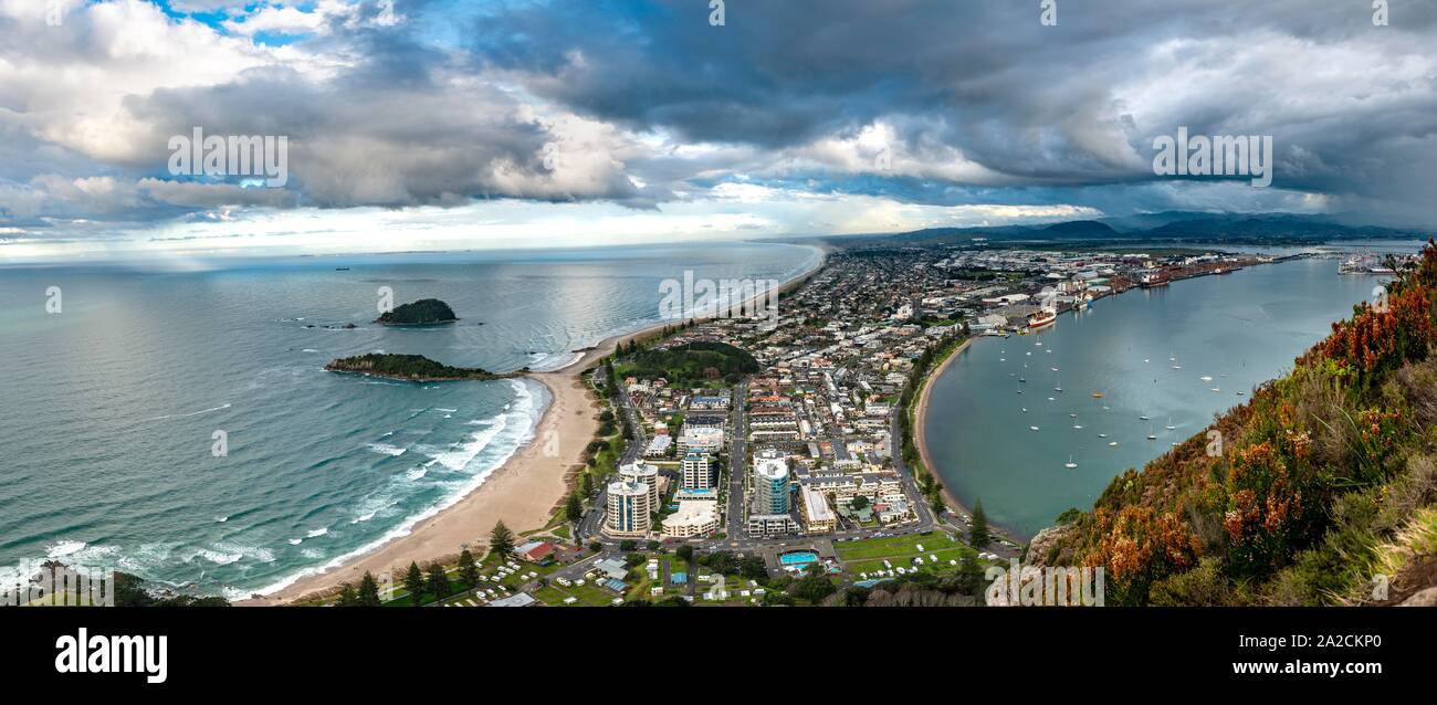Panoramic view of Mount Manganui district and Tauranga harbour, view ...