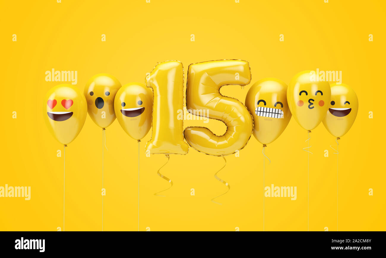 Number 15 yellow birthday emoji faces balloons. 3D Render Stock Photo ...