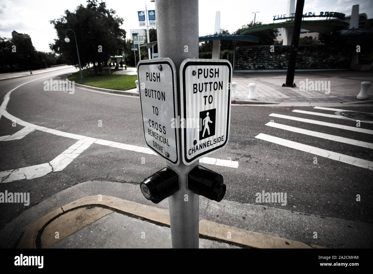 Traffic signs for pedestrians at an intersection in downtown Tampa ...