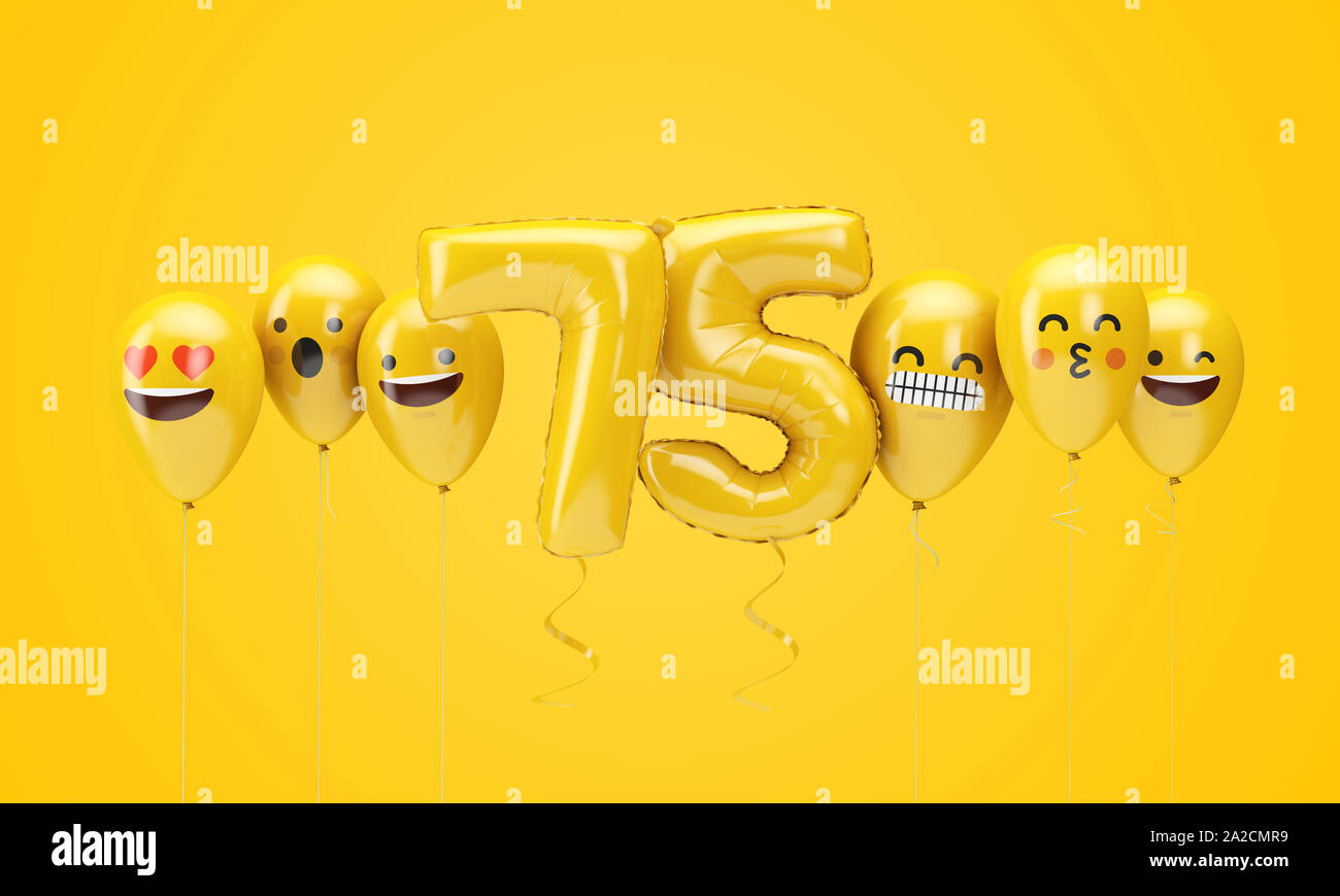 Number 75 yellow birthday emoji faces balloons. 3D Render Stock Photo ...