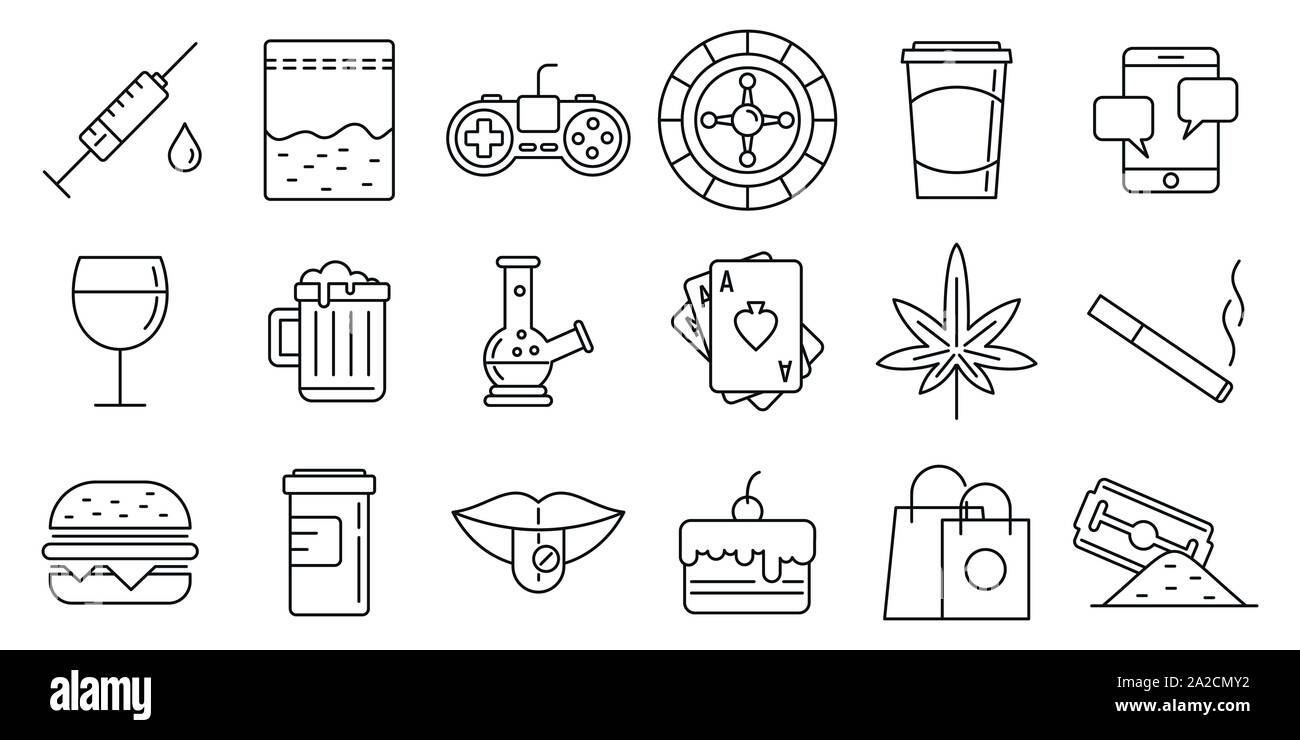 Addiction icons set. Outline set of addiction vector icons for web ...
