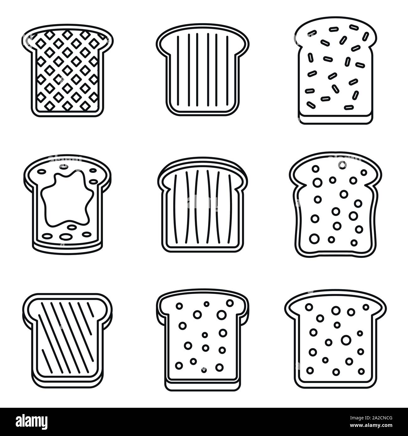 Toast butter icons set. Outline set of toast butter vector icons for ...