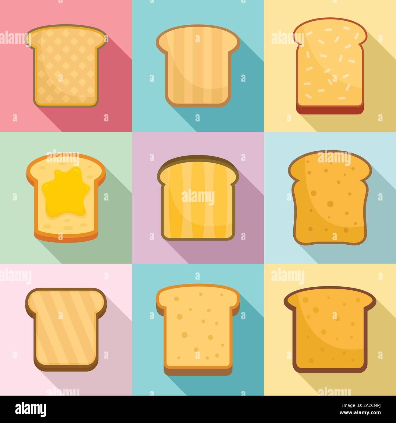 Toast icons set. Flat set of toast vector icons for web design Stock ...