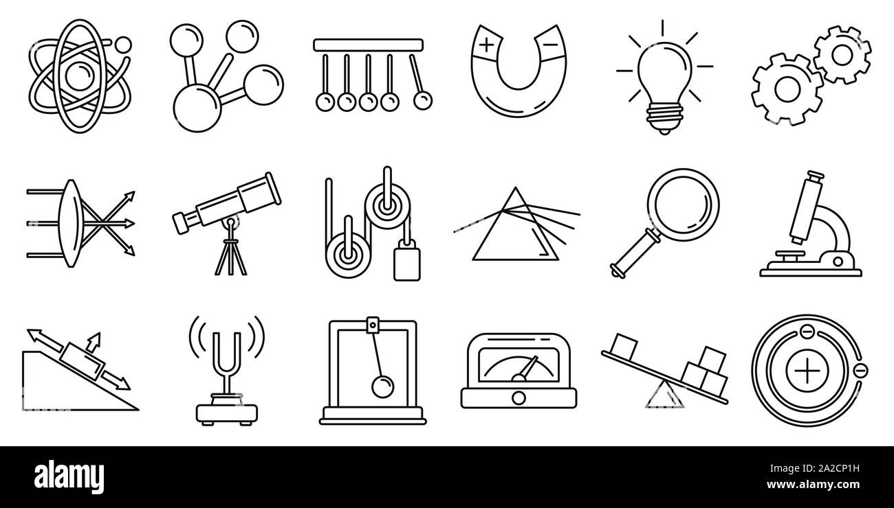 Physics science icons set. Outline set of physics science vector icons ...