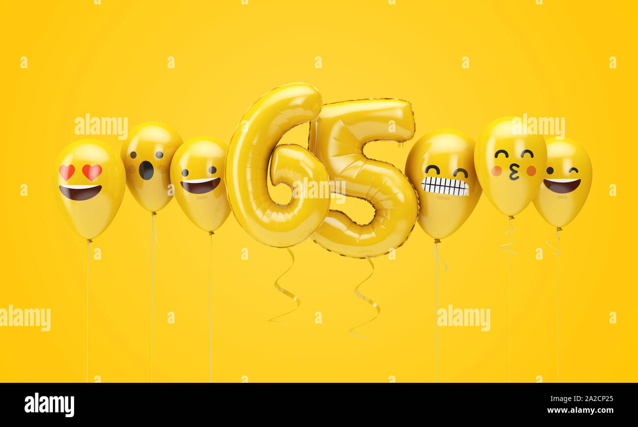 Number 65 yellow birthday emoji faces balloons. 3D Render Stock Photo ...