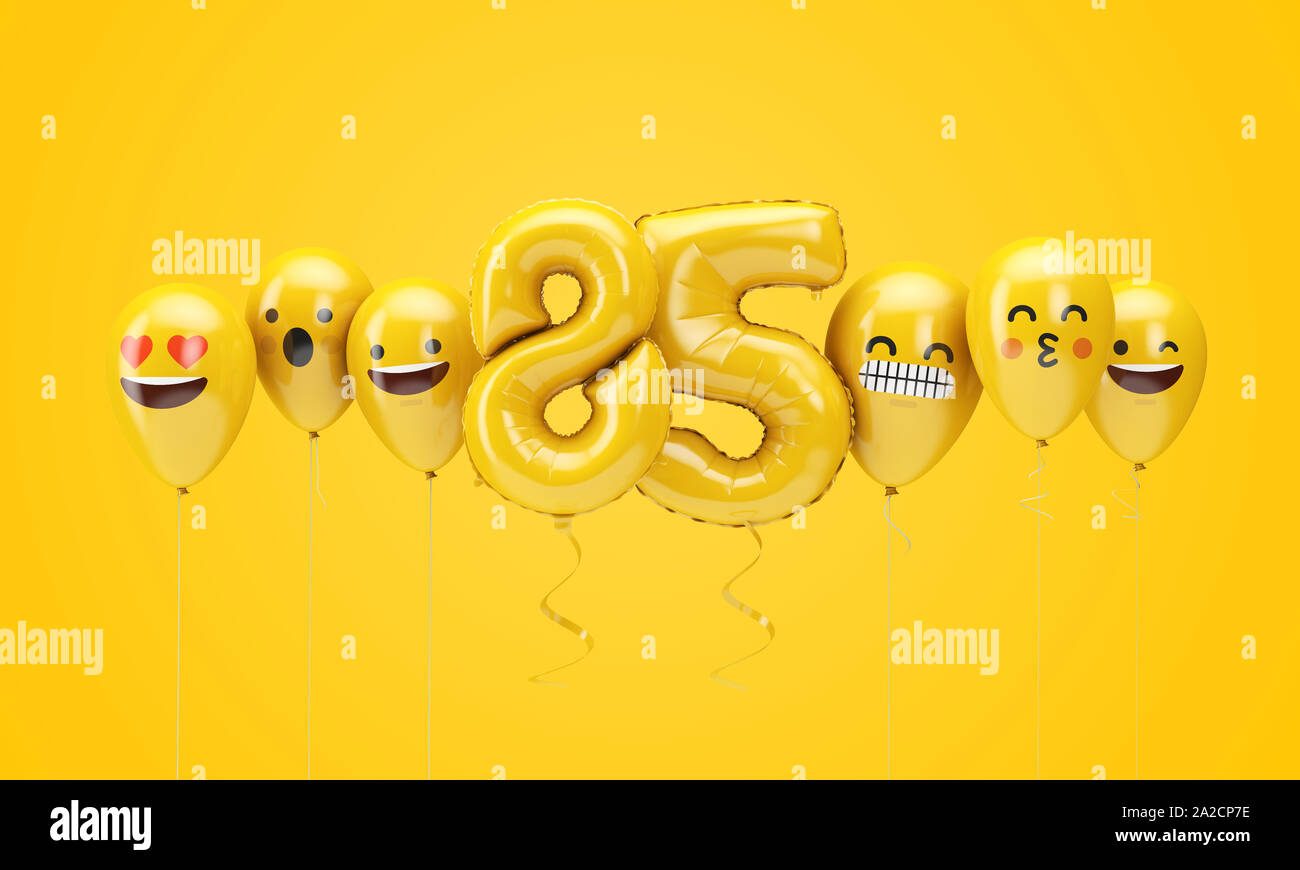 Number 85 yellow birthday emoji faces balloons. 3D Render Stock Photo ...