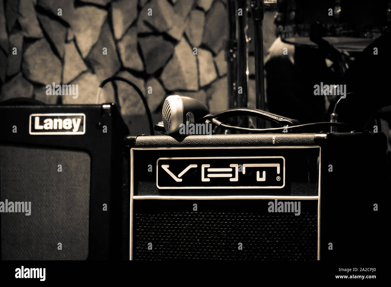 Vintage 1950s guitar amplifiers and microphone well placed inside a ...