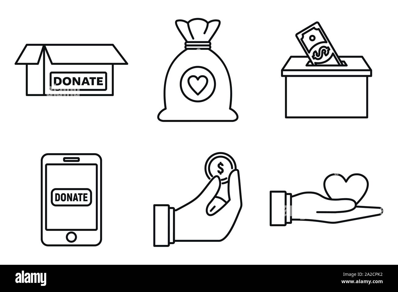 Charity donations icons set. Outline set of charity donations vector ...