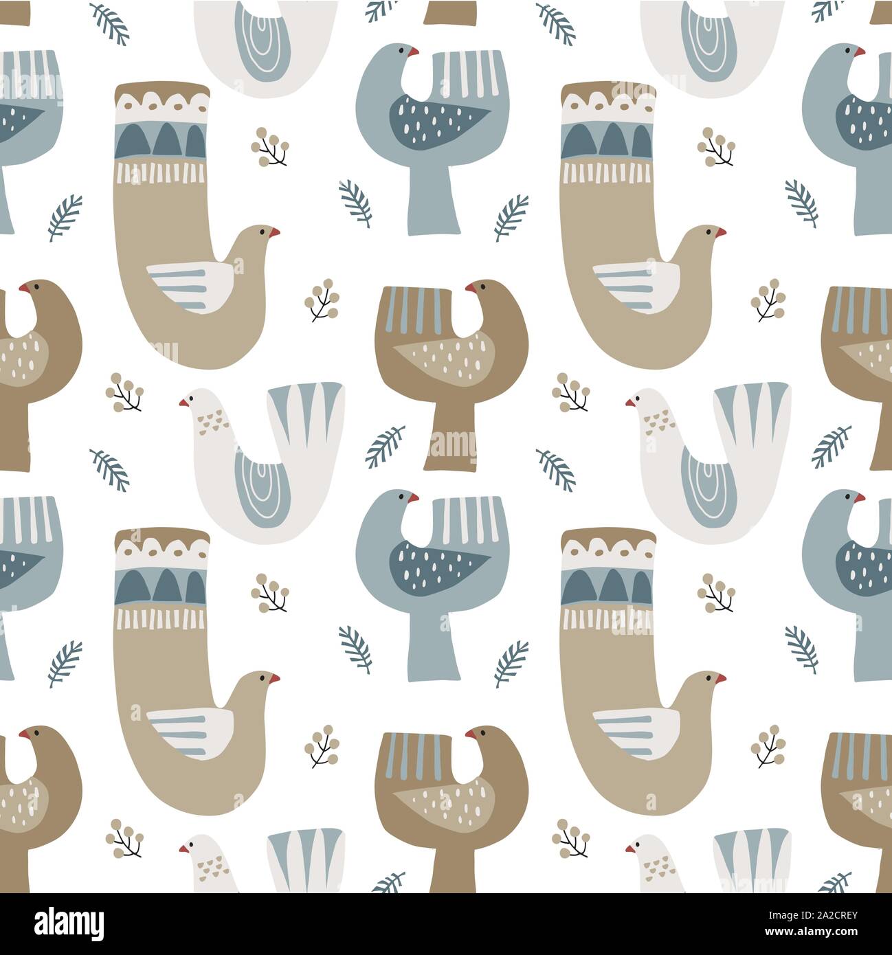 Christmas Scandinavian seamless pattern. Ornamental dove birds, berries ...