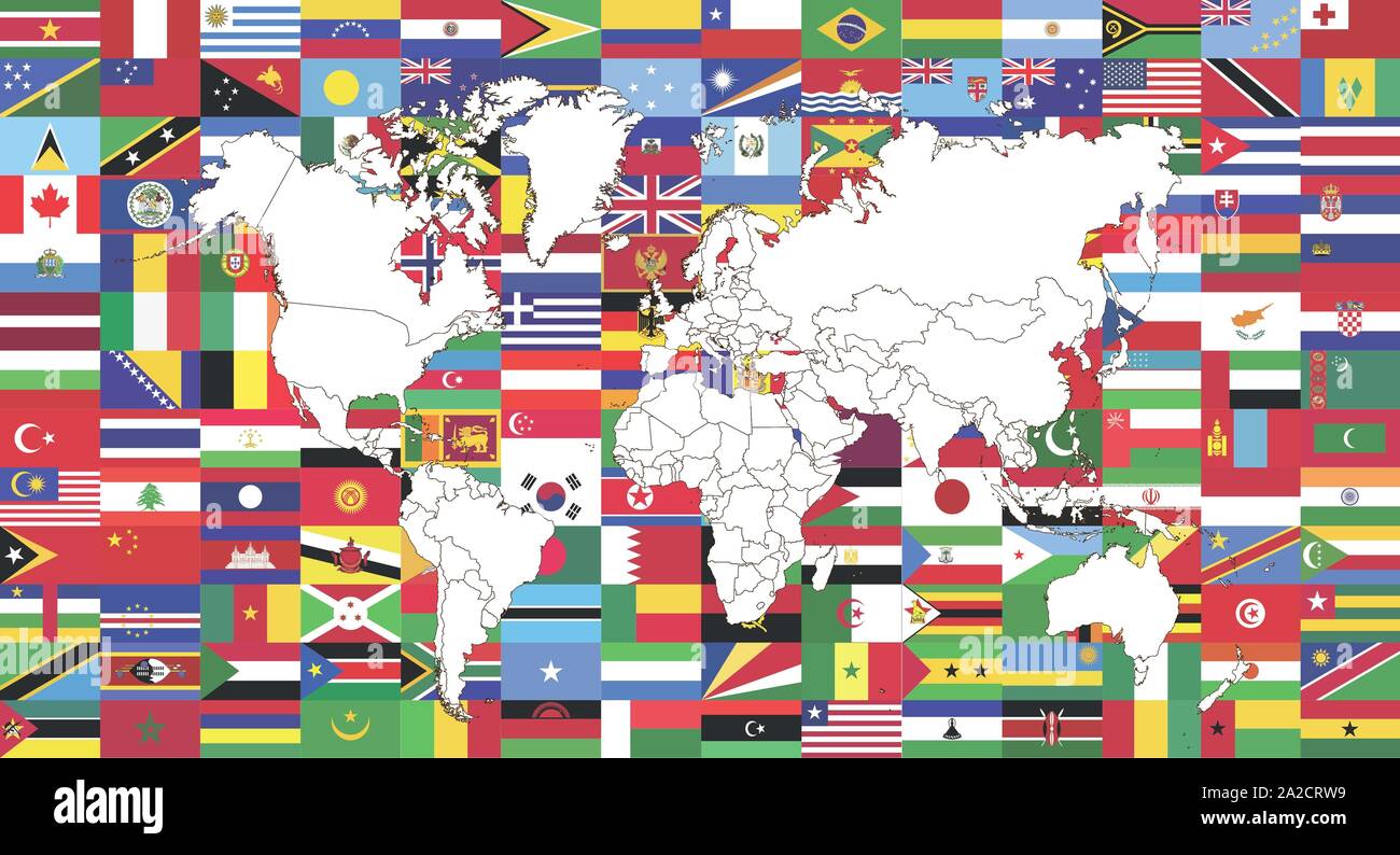 Hi Detail Vector Political World Map illustration on world flags ...
