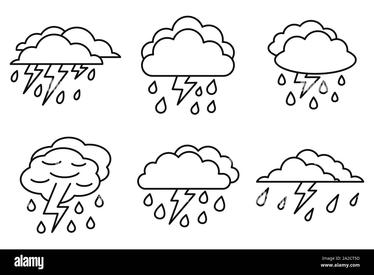 Weather thunderstorm icons set. Outline set of weather thunderstorm ...