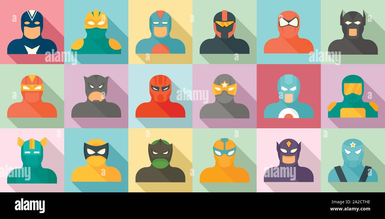 Superhero icons set. Flat set of superhero vector icons for web design ...