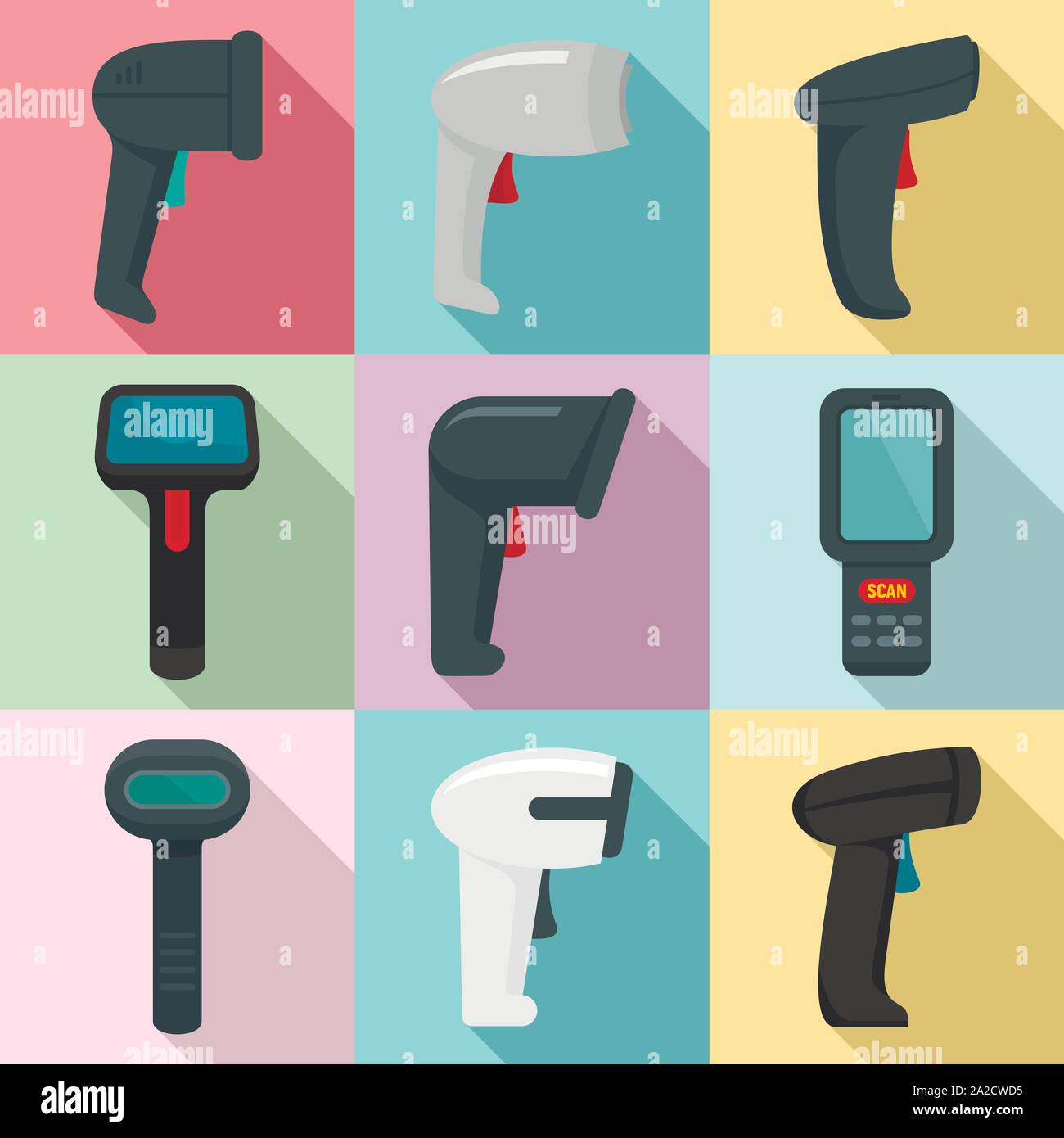 Barcode scanner icons set. Flat set of barcode scanner vector icons for ...