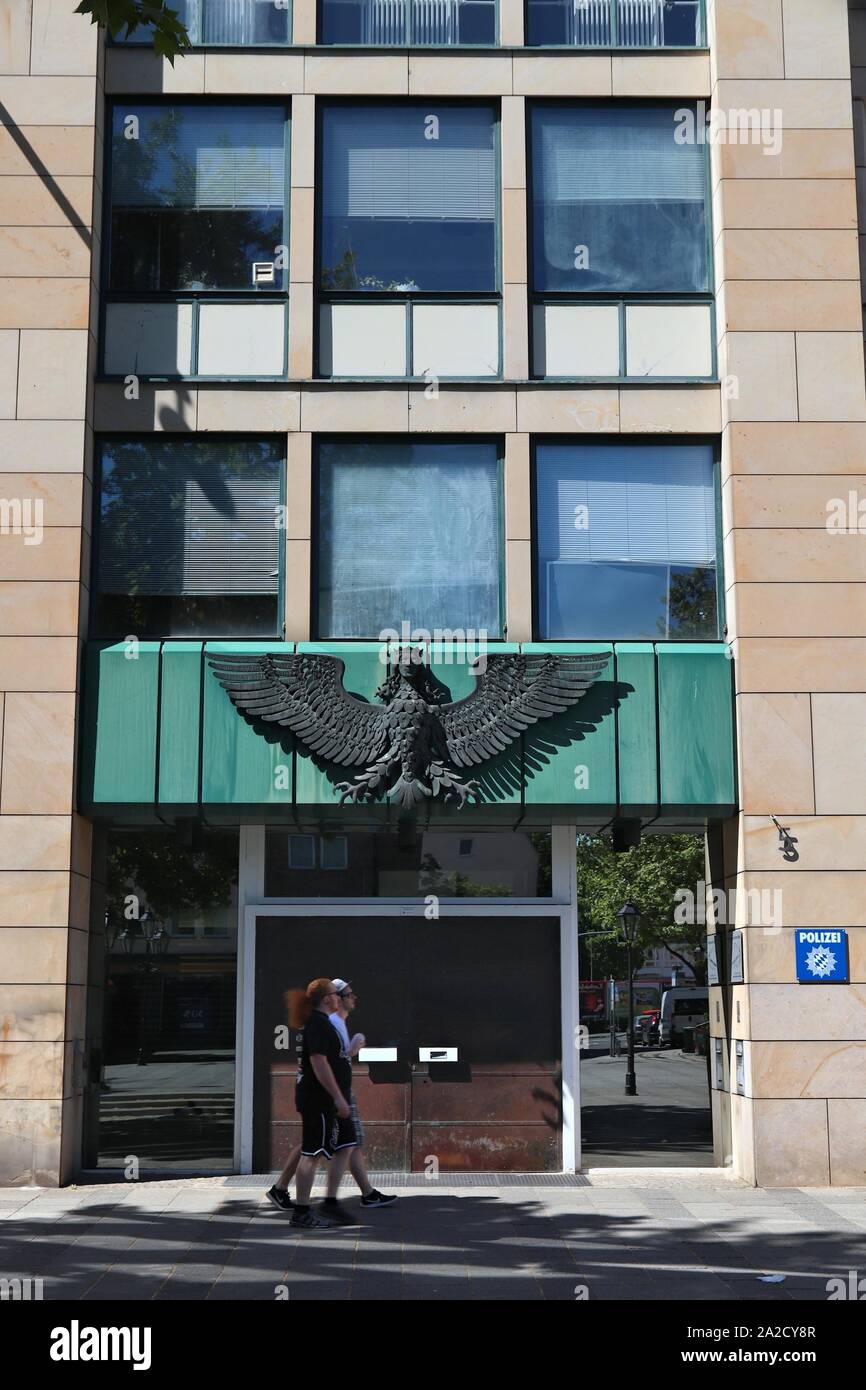 NUREMBERG, GERMANY - MAY 6, 2018: People walk by Police Station sign in ...