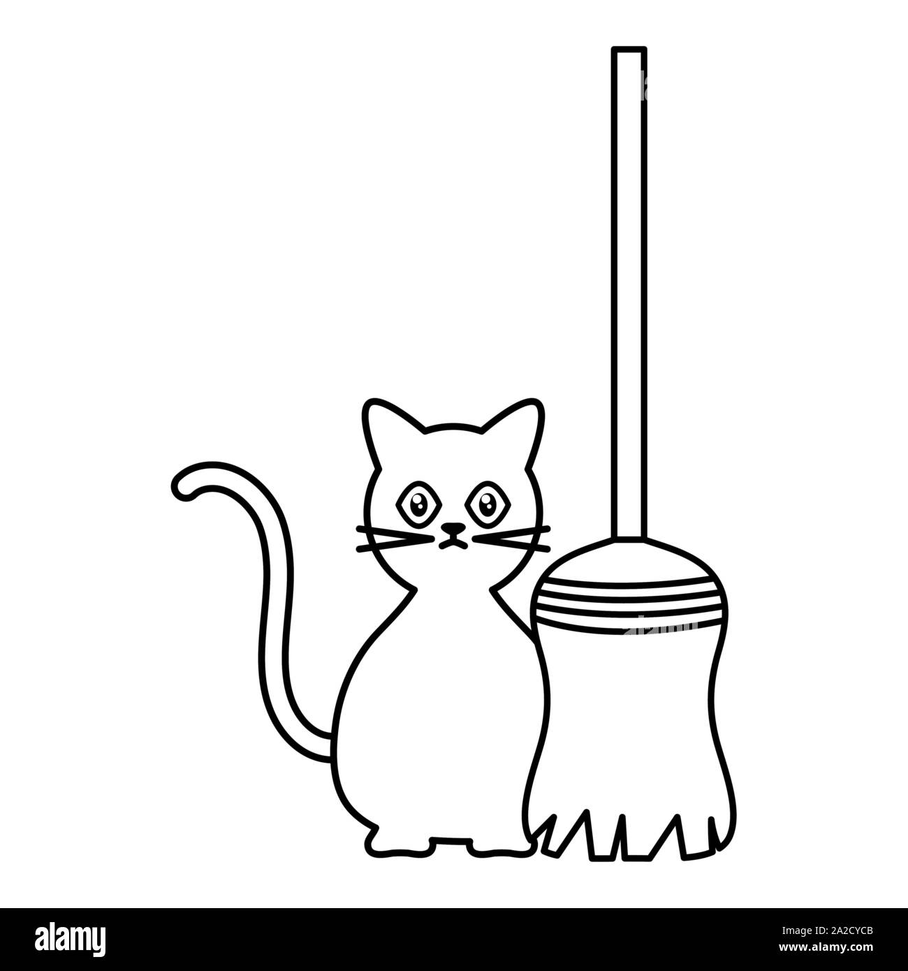 cat with broom trick or treat happy halloween vector illustration line ...