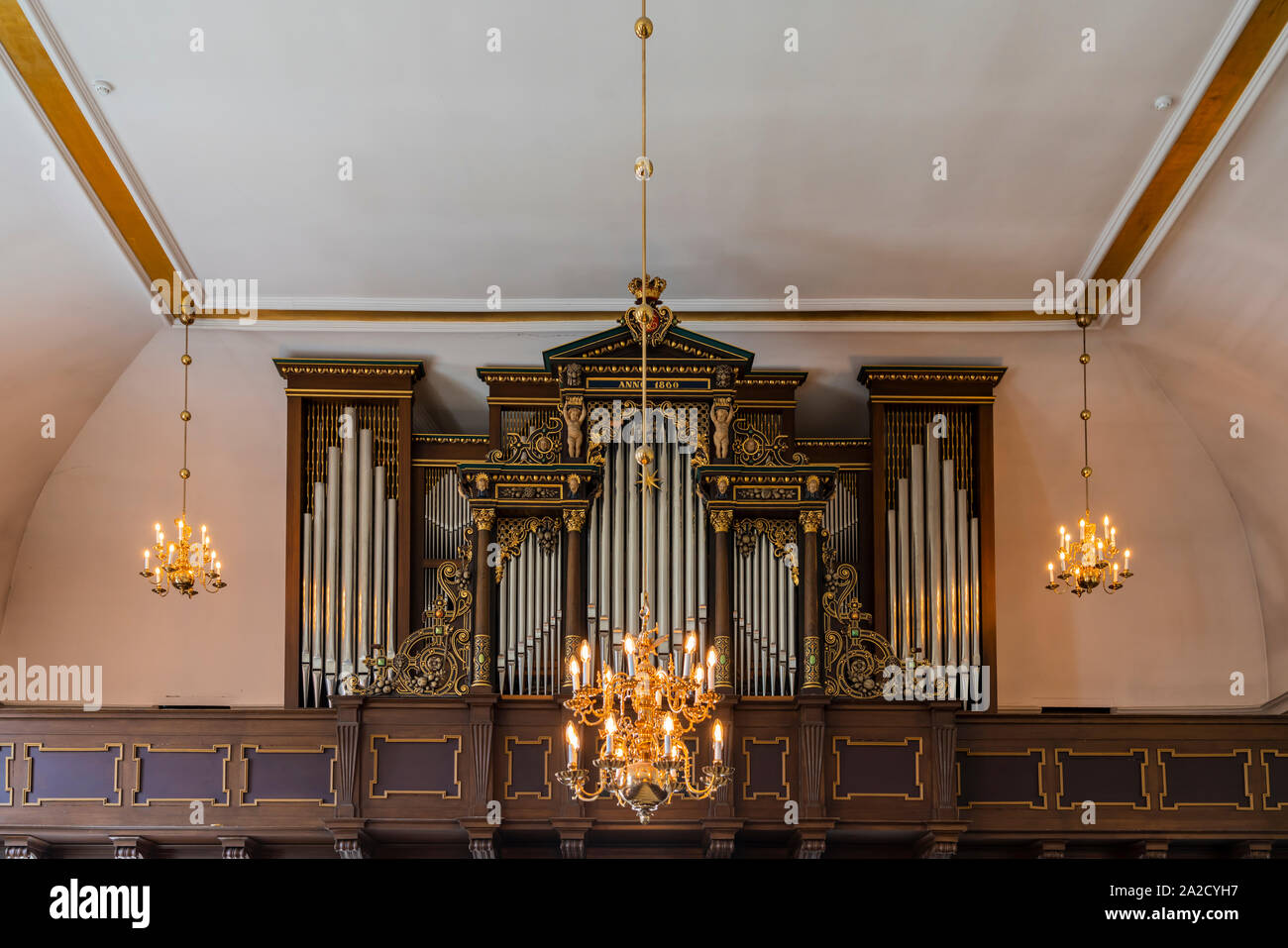 The pipe organ in the Trinitatis Lutheran Church interior in Fredericia ...