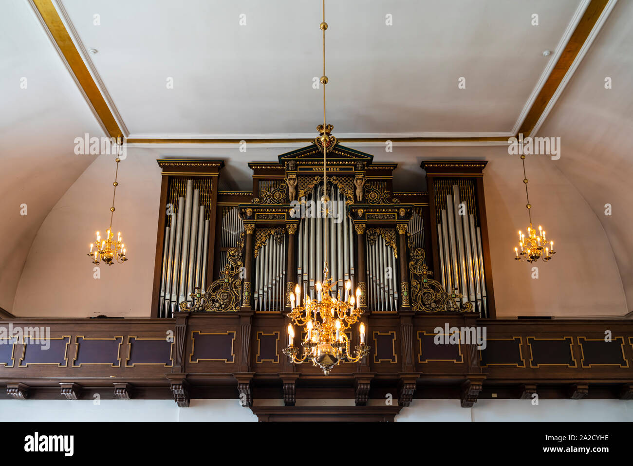 The pipe organ in the Trinitatis Lutheran Church interior in Fredericia ...