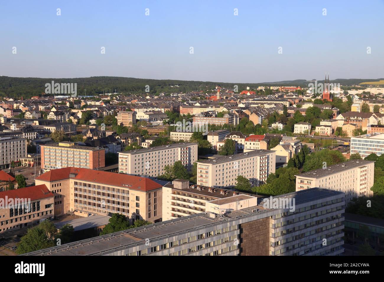 Chemnitz city in Germany (State of Saxony). Aerial view in warm sunset ...