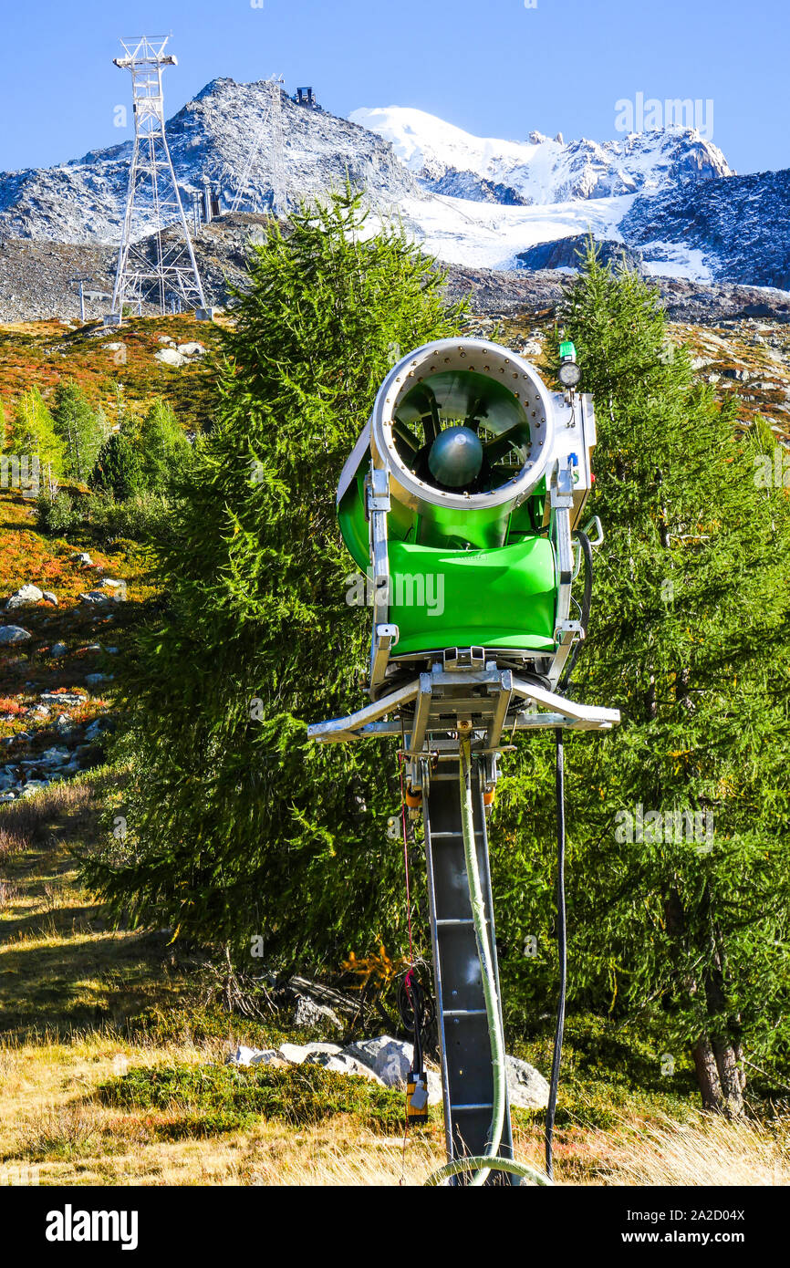 Snow cannon at Lognan cable car station, Chamonix-Mont-Blanc ...