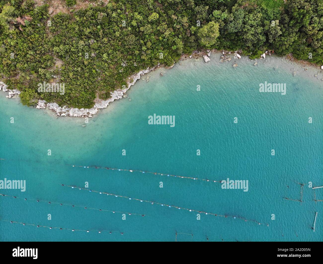 Croatia oyster farms - aerial view of shellfish farming near Mali Ston ...