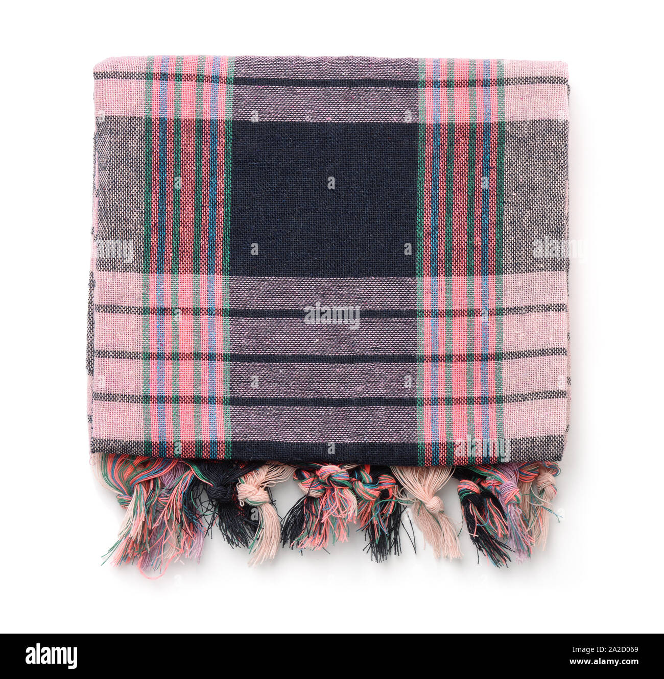 Top view of folded plaid cloth with tassels isolated on white Stock ...
