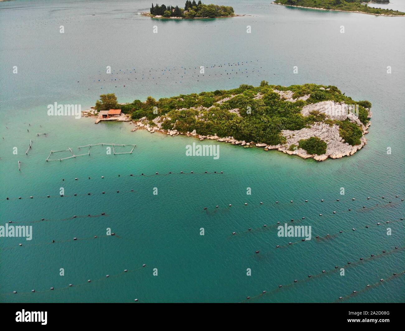 Croatia oyster farms - aerial view of shellfish farming near Mali Ston ...